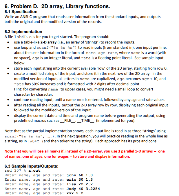6. Problem D. 2D array, Library functions. 6.1 | Chegg.com