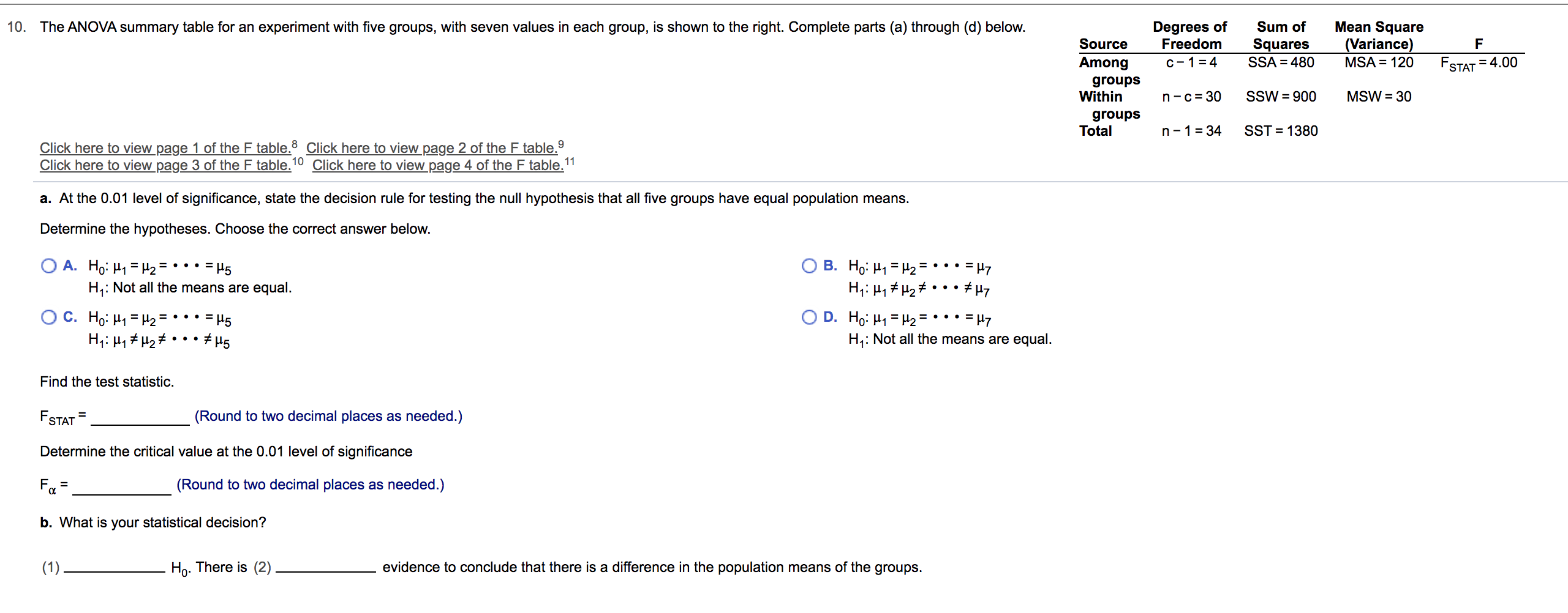Solved 10. The ANOVA summary table for an experiment with | Chegg.com