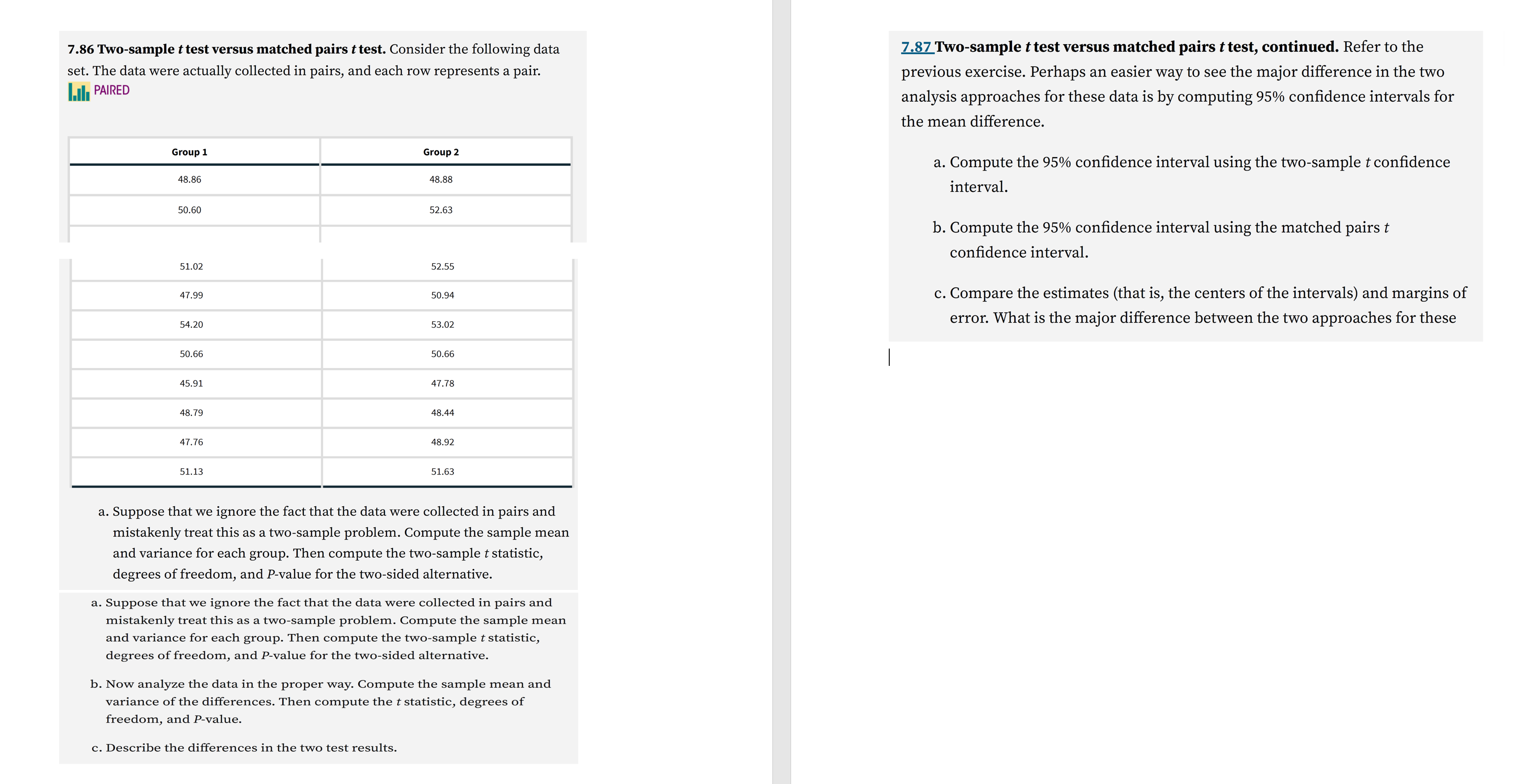 Solved 7.86 Two-sample t test versus matched pairs t test. | Chegg.com