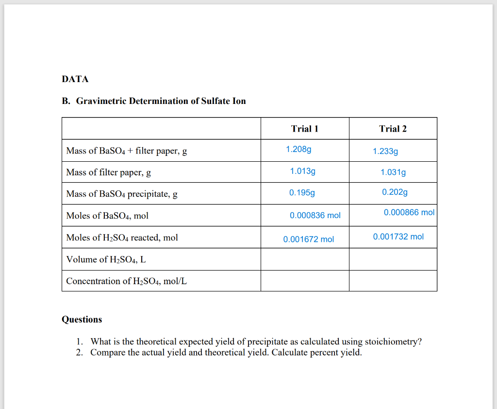 Solved 1.what is the volume of H2SO4,L, and the | Chegg.com