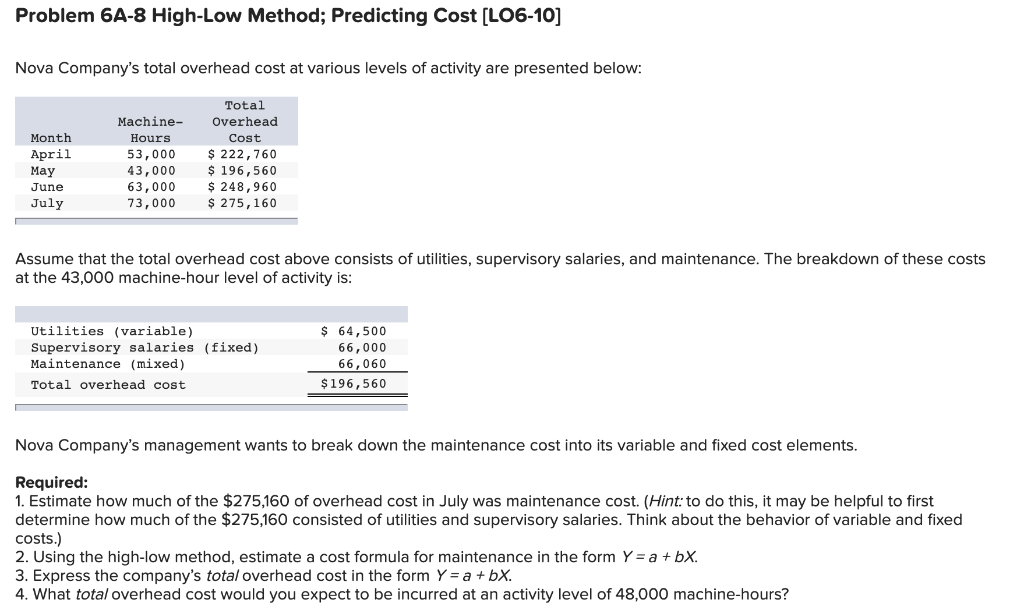 Solved Problem 6A-8 High-Low Method; Predicting Cost | Chegg.com