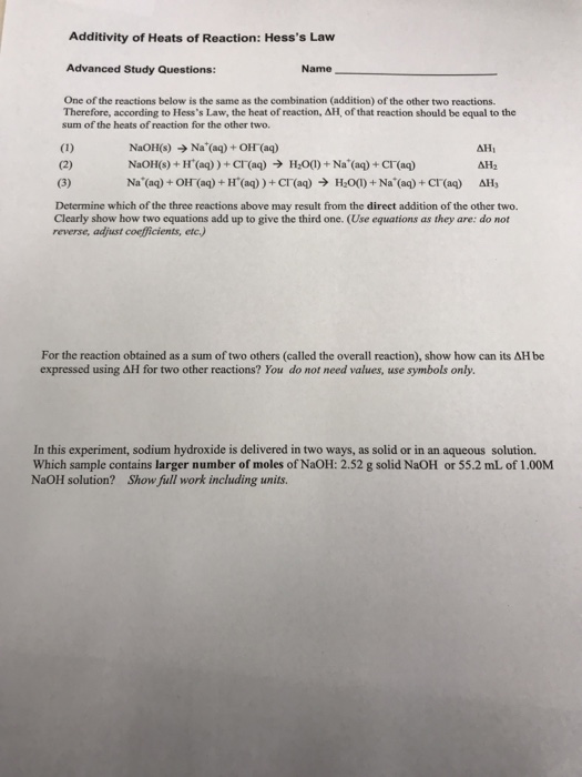Solved Additivity of Heats of Reaction: Hess's Law Advanced | Chegg.com