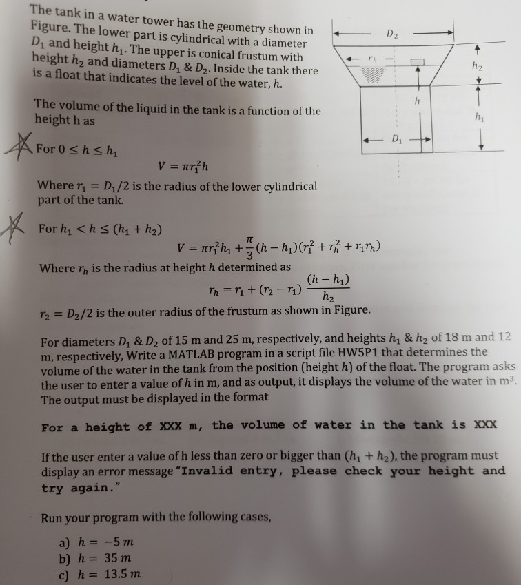 Solved + D2 The tank in a water tower has the geometry shown | Chegg.com
