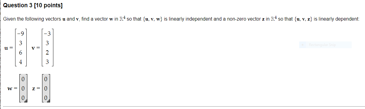 Solved Question 3 [10 points] Given the following vectors u | Chegg.com