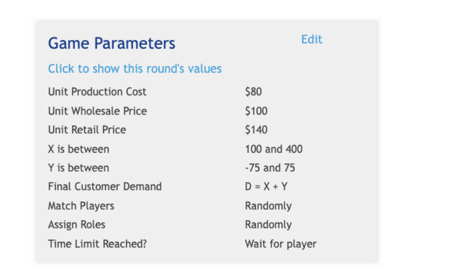 Solved Game Parameters Edit Click to show this round's | Chegg.com