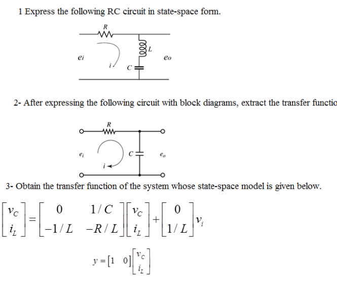 Solved 1 Express the following RC circuit in state-space | Chegg.com