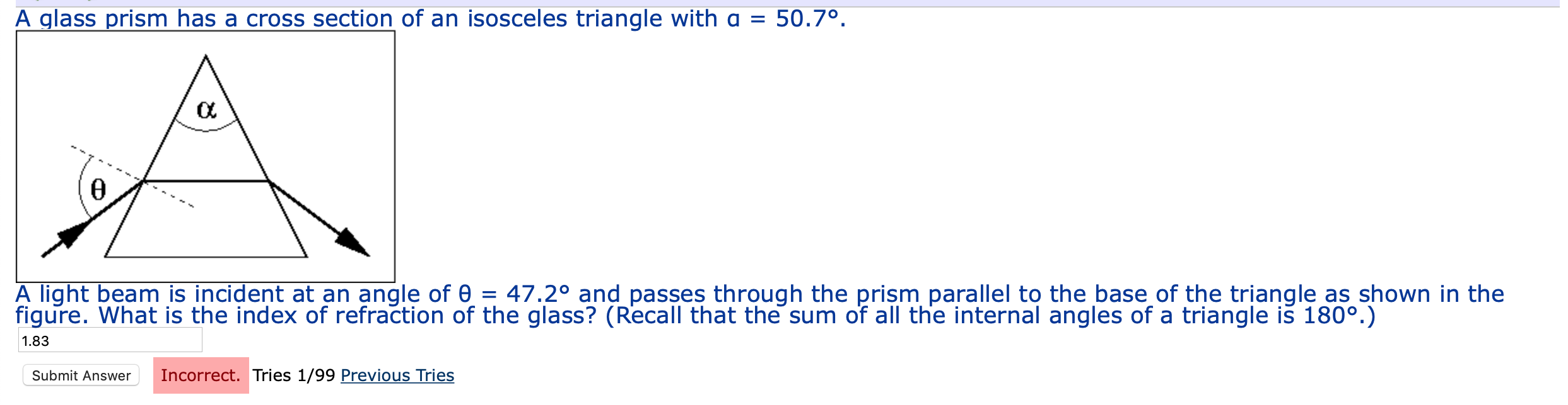 Solved A glass prism has a cross section of an isosceles | Chegg.com