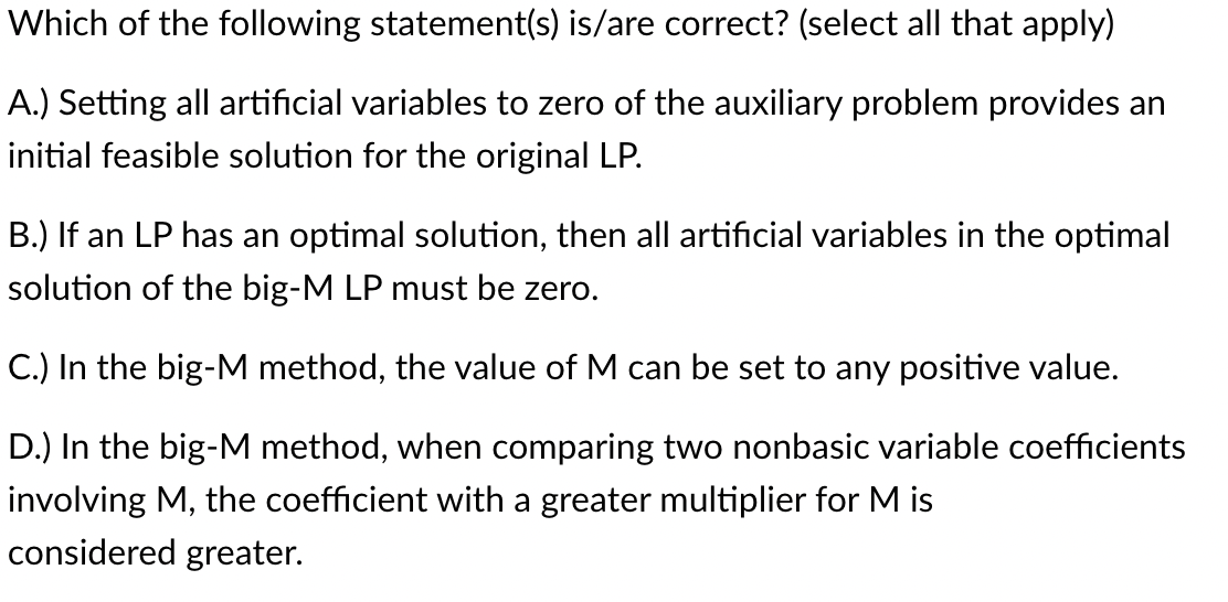 Solved A.) Setting all artificial variables to zero of the | Chegg.com