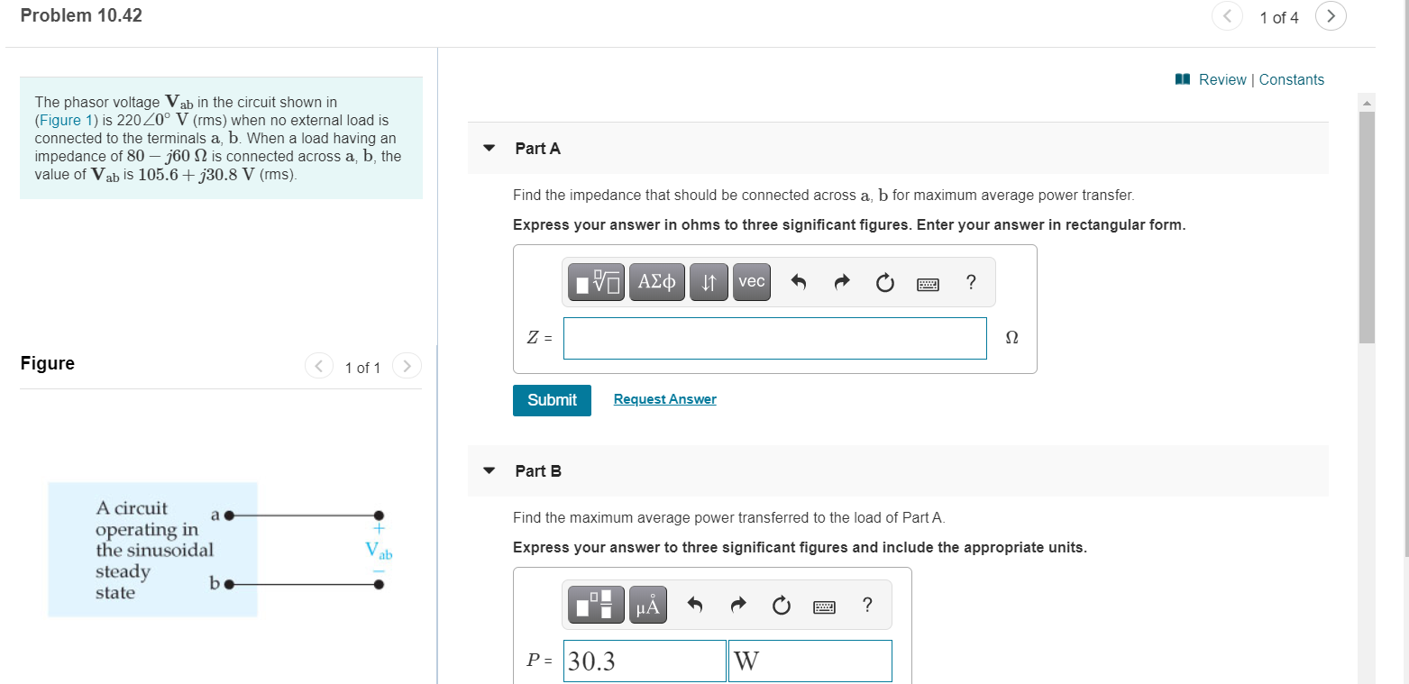 Solved Problem 10.42 1 of 4 A Review Constants The phasor | Chegg.com
