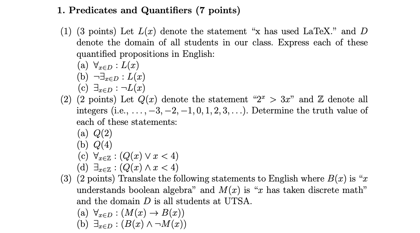 Solved 1. Predicates and Quantifiers (7 points) (1) (3 | Chegg.com