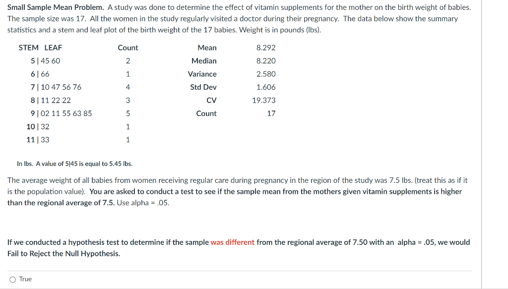 Solved Small Sample Mean Problem. A study was done to | Chegg.com