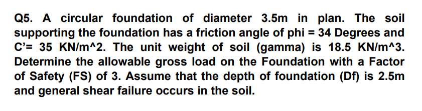Solved Q5. A circular foundation of diameter 3.5 m in plan. | Chegg.com