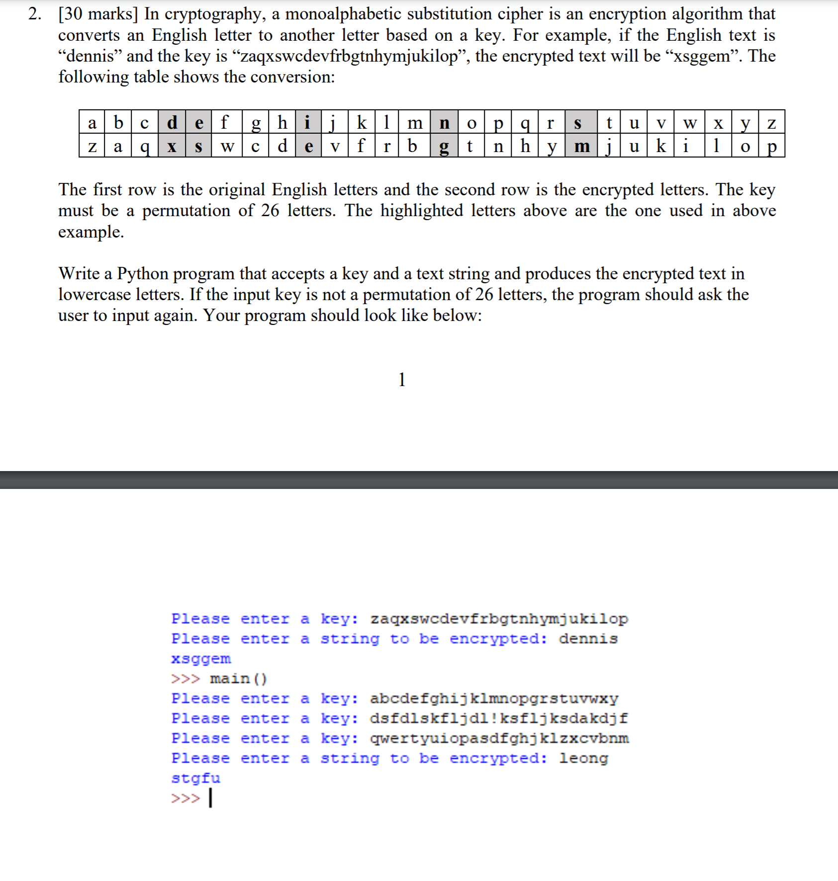 Solved 2. [30 marks] In cryptography, a monoalphabetic | Chegg.com