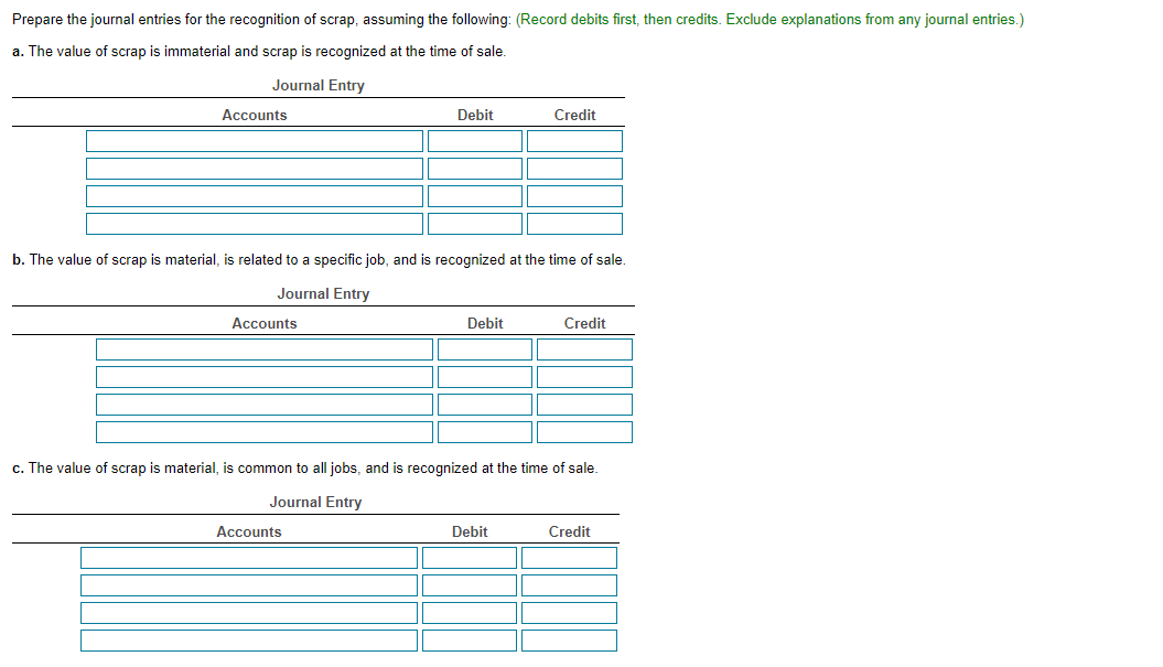 Solved Prepare journal entries for the recognition of scrap, | Chegg.com