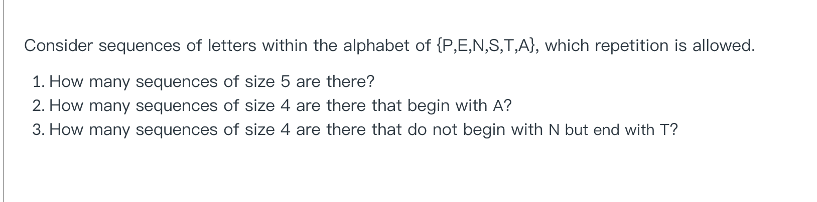 Solved Consider sequences of letters within the alphabet of | Chegg.com