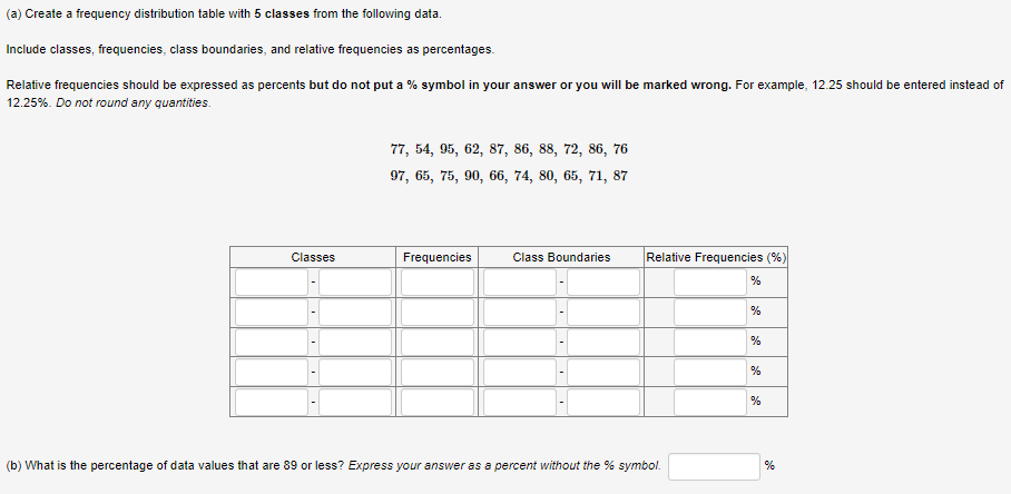 Solved (a) Create a frequency distribution table with 5 | Chegg.com