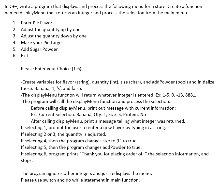 Solved In C++, use switch and do while statements in the | Chegg.com