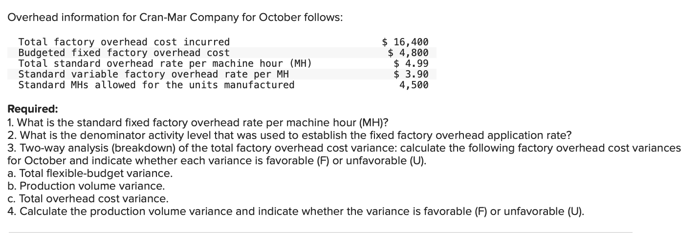 1. What is the standard fixed factory overhead rate | Chegg.com