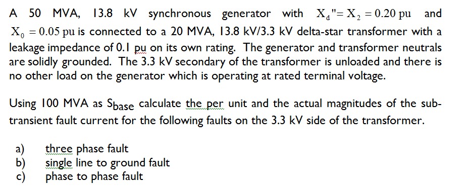 Solved A 50 MVA, 13.8 kV synchronous generator with XX2 0.20 | Chegg.com
