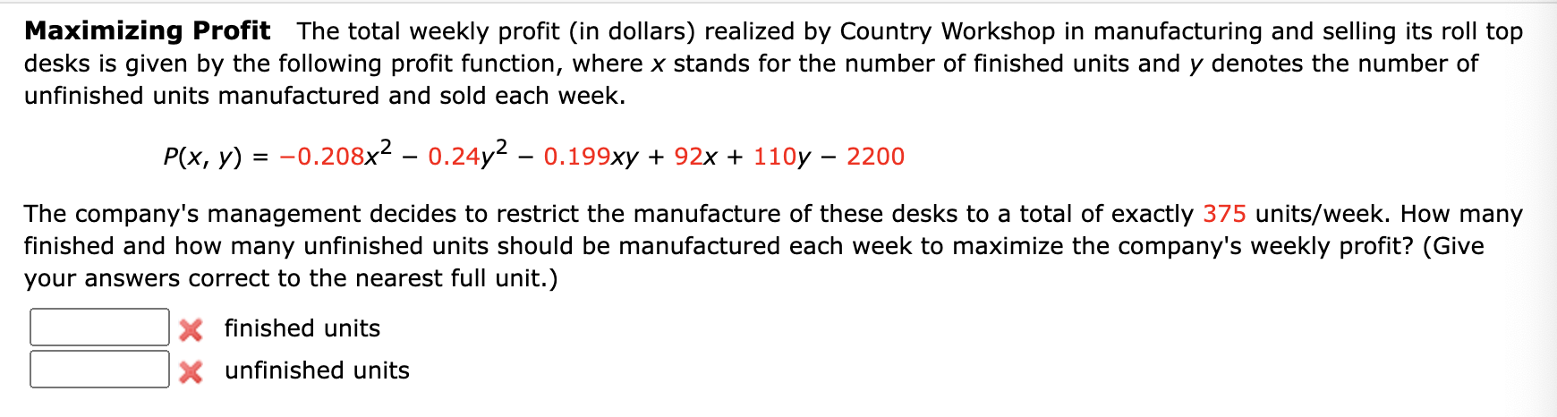 Solved Maximizing Profit The total weekly profit (in | Chegg.com