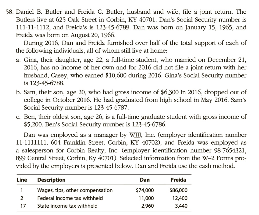 Solved 58. Daniel B. Butler and Freida C. Butler, husband | Chegg.com