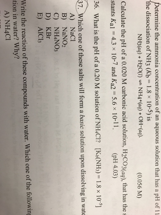 Solved What is the pH of a 0.020 M solution of NH4Cl? | Chegg.com