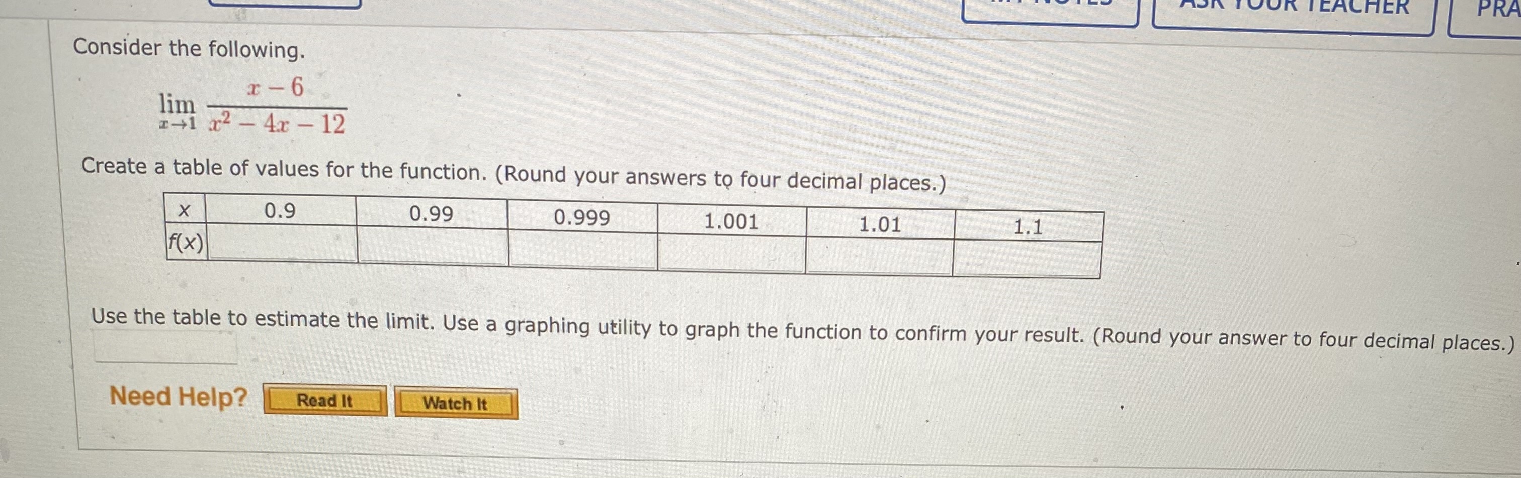 Solved Consider the following. limx→1x2−4x−12x−6 Create a | Chegg.com