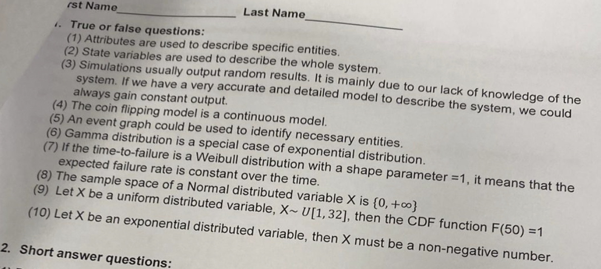 Solved Last Name rst Name 1. True or false questions: (1) | Chegg.com