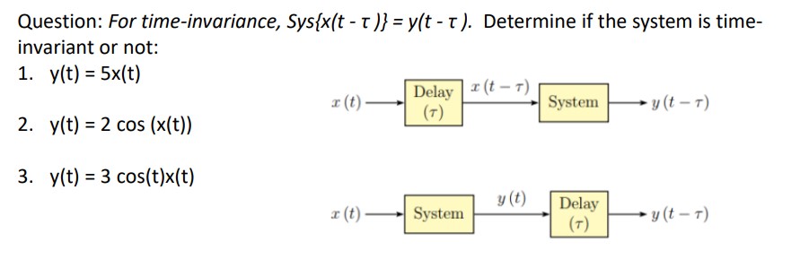 Solved Question: For time-invariance, Sys{x(t−τ)}=y(t−τ). | Chegg.com