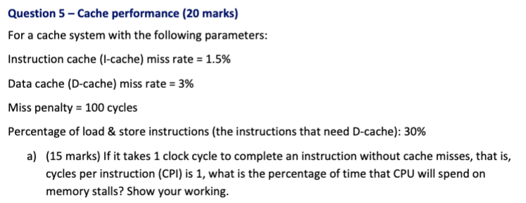 Solved Question 5 - Cache performance (20 marks) For a cache | Chegg.com