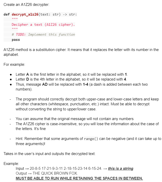 Solved Create an A1Z26 decrypter: def decrypt_a1z26(text: | Chegg.com