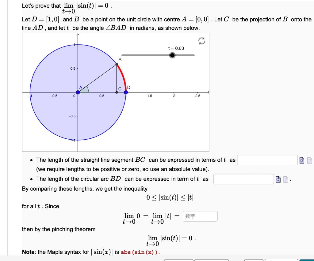 Solved Let's prove that lim sin(t)) = = 0. t0 Let D= [1,0] | Chegg.com
