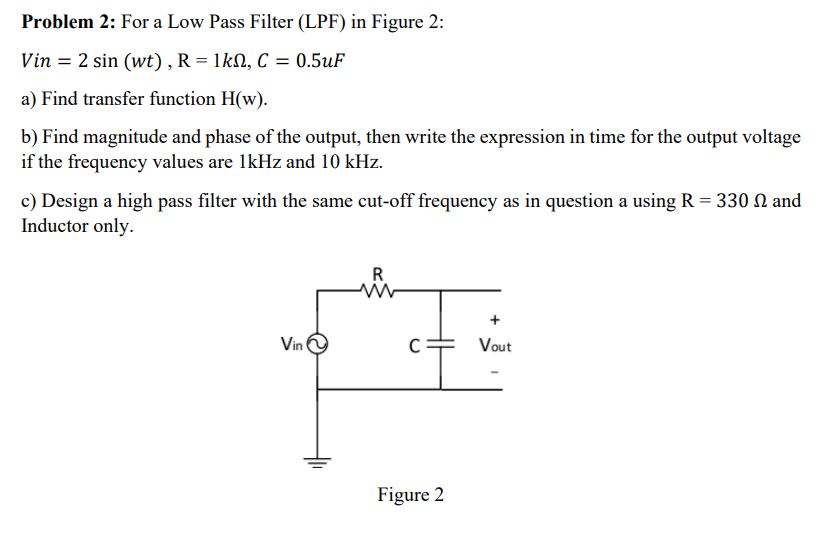 Solved Problem 2: For a Low Pass Filter (LPF) in Figure 2: | Chegg.com