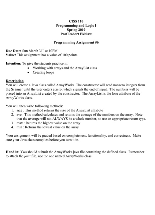 Solved CISS 110 Programming and Logic I Spring 2019 Prof | Chegg.com