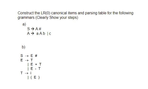 Solved Construct the LR(0) canonical items and parsing table | Chegg.com