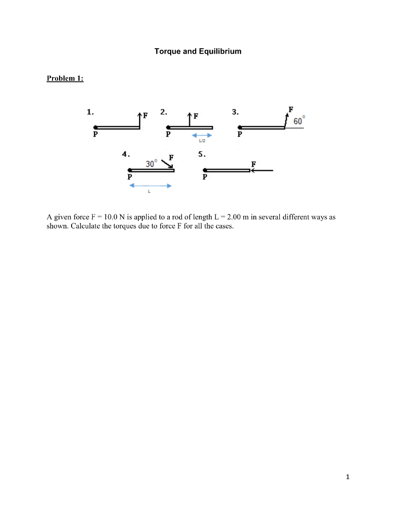 Solved Torque and Equilibrium Problem 1: 1. 2. F 3. F 60 P P | Chegg.com