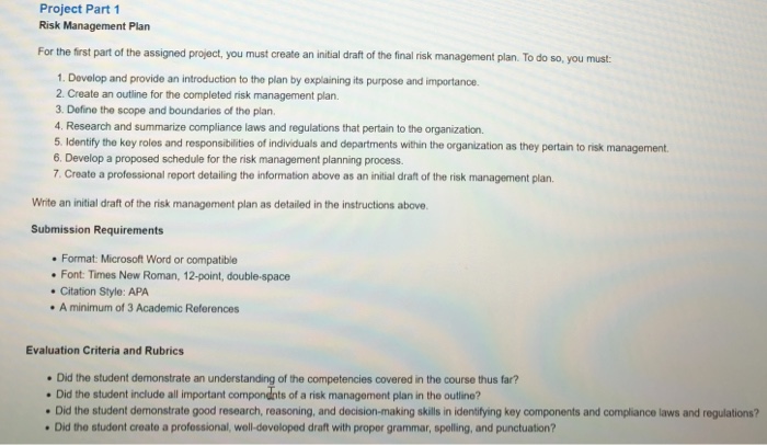 Project Part 1 Risk Management Plan For the first | Chegg.com