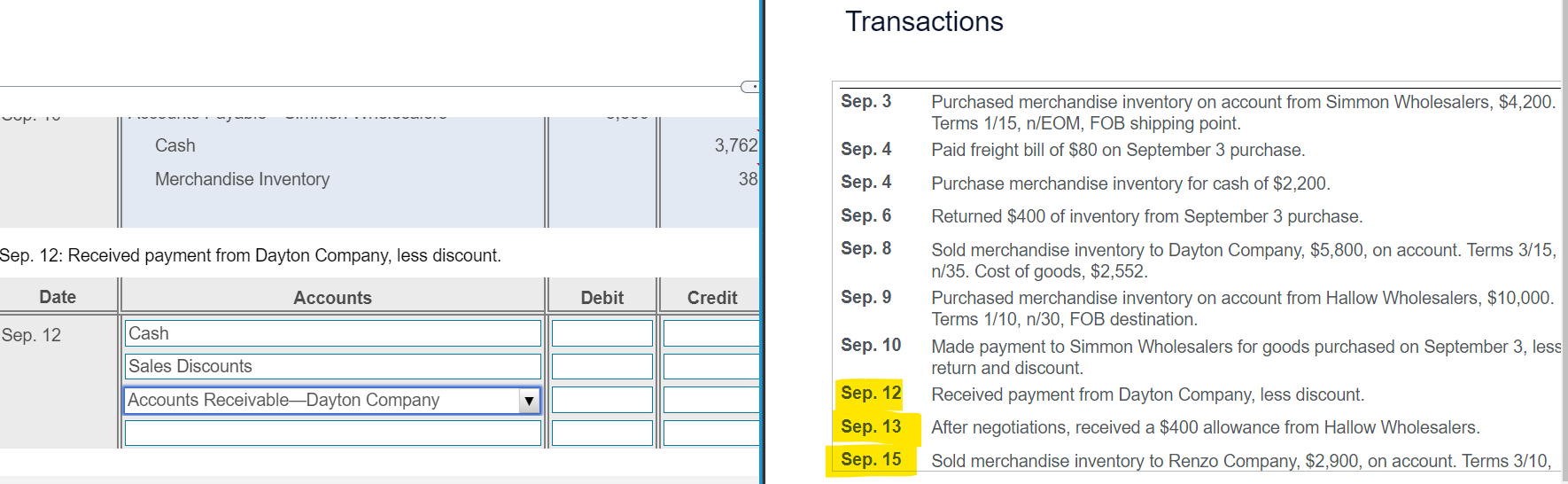 Solved Transactions Cash Merchandise Inventory Sep. 12: | Chegg.com