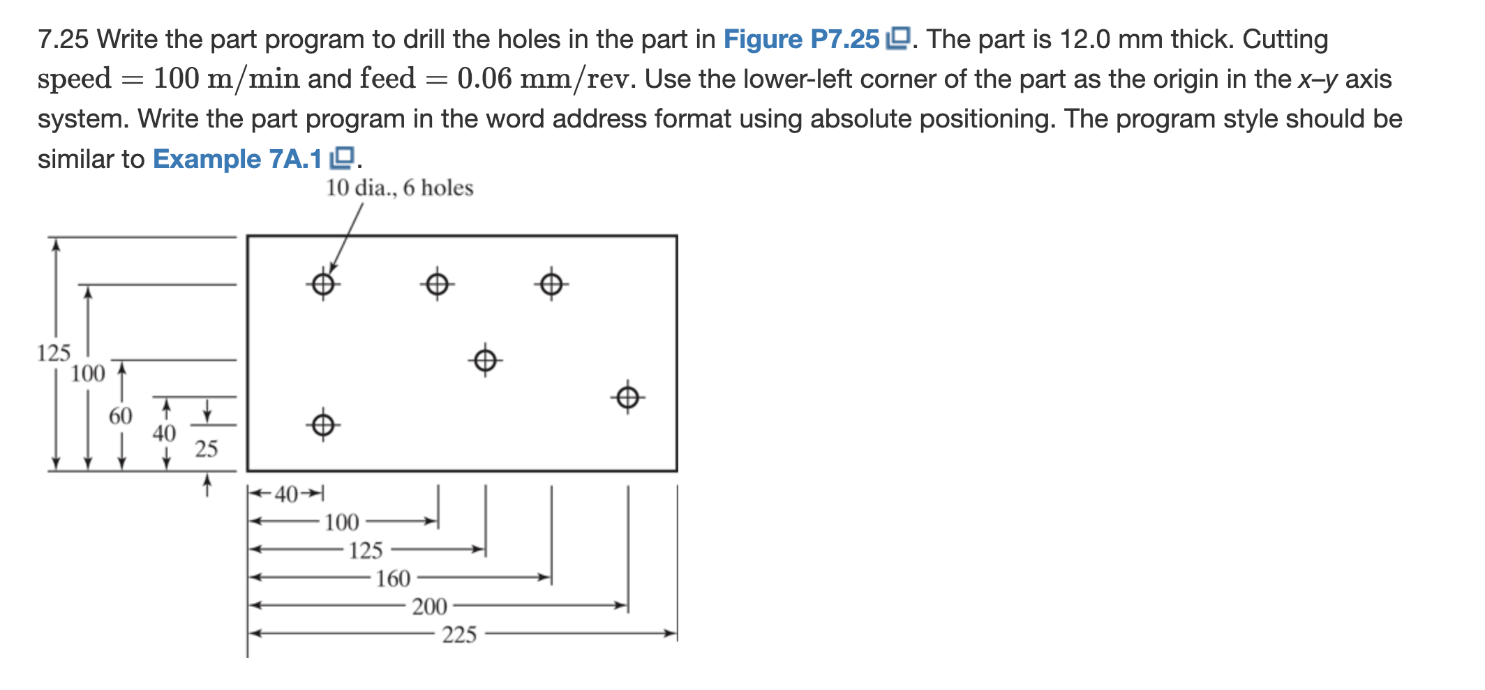 Solved 7.25 Write the part program to drill the holes in the | Chegg.com
