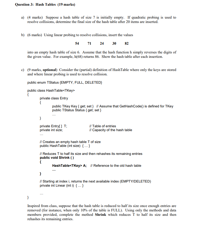 Question 3: Hash Tables (19 marks) a) (4 marks) | Chegg.com