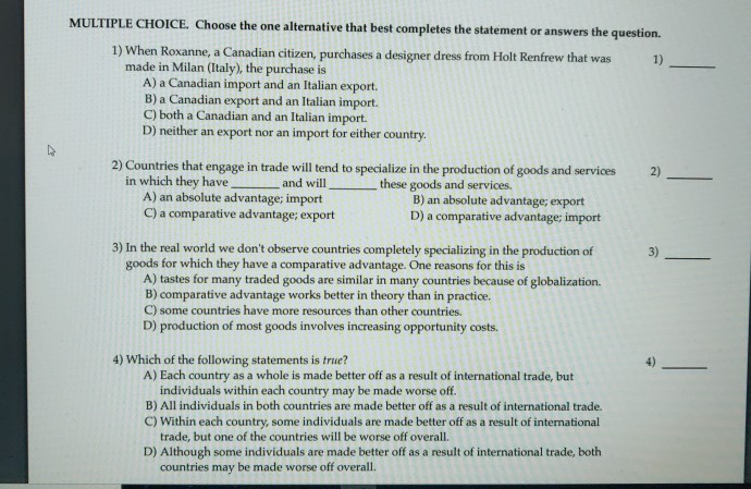 Solved MULTIPLE CHOICE. Choose the one alternative that best | Chegg.com