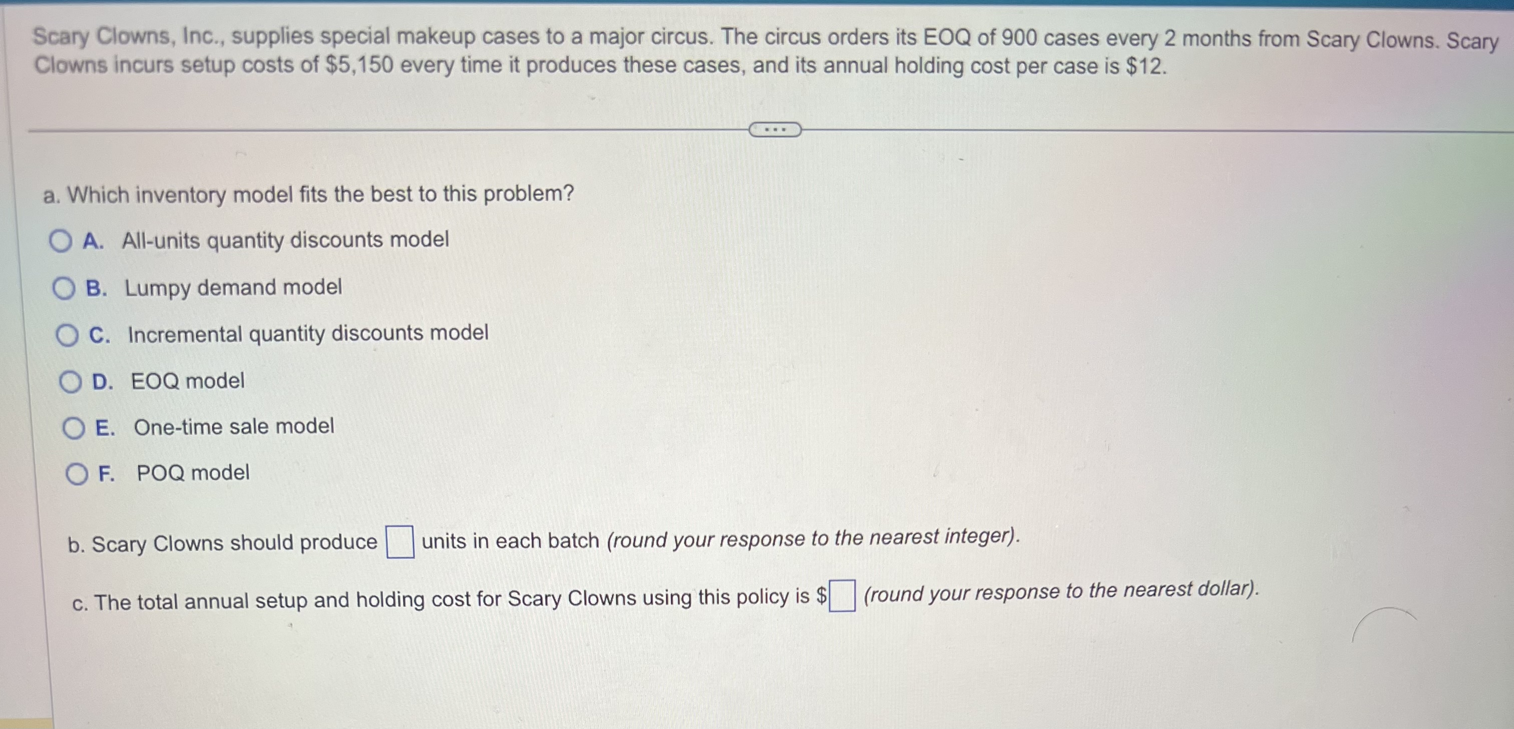 Solved Scary Clowns, Inc., supplies special makeup cases to | Chegg.com