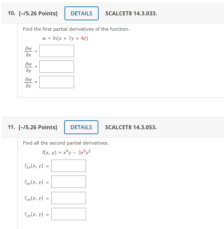 Solved -/5.26 Points] SCALCET8 14.3.033. Find the first | Chegg.com