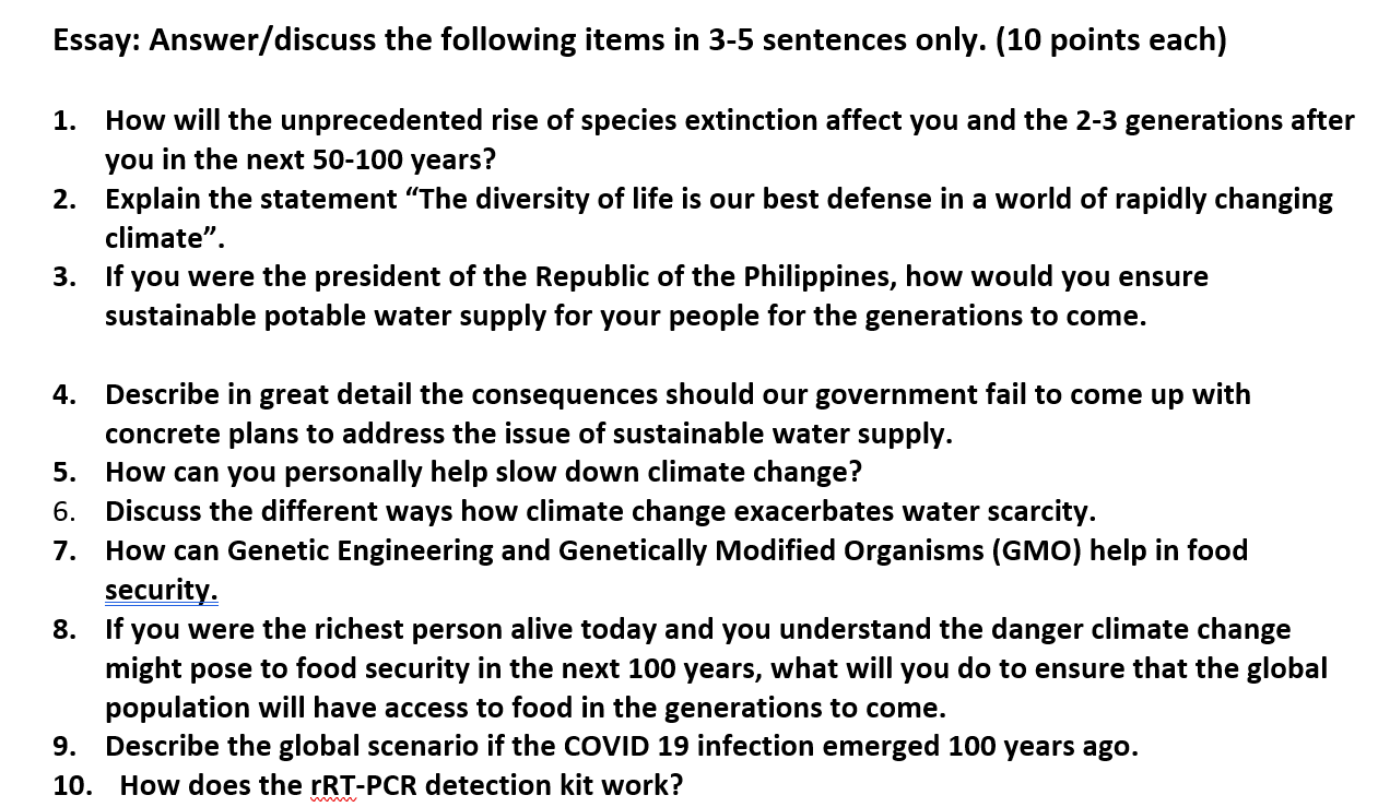 Solved Essay: Answer/discuss the following items in 3-5 | Chegg.com