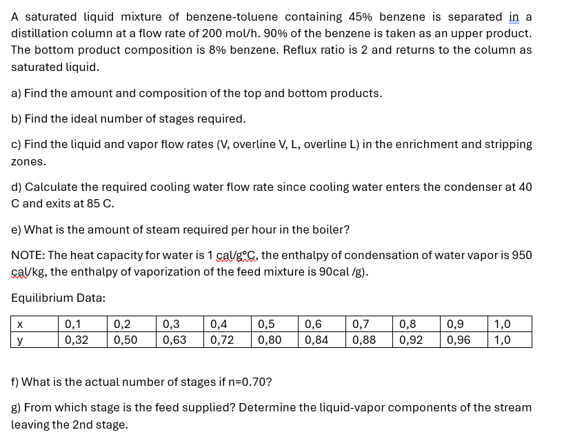 A saturated liquid mixture of benzene-toluene | Chegg.com
