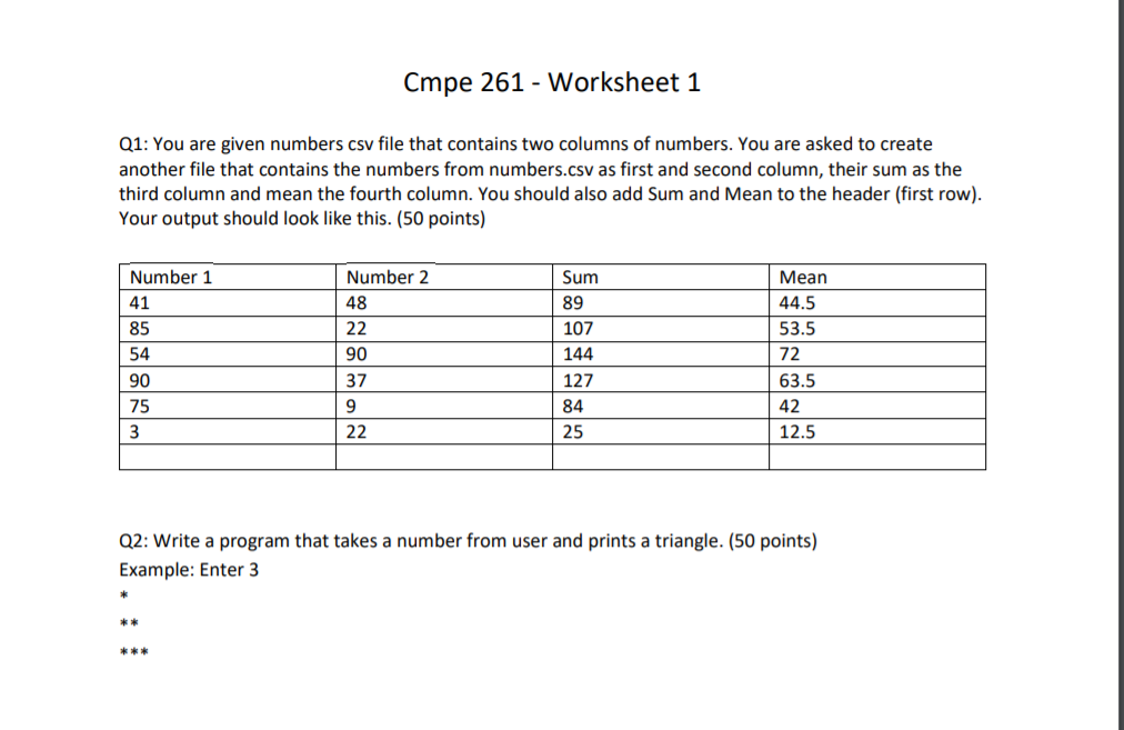 Solved Cmpe 261 - Worksheet 1 Q1: You are given numbers csv | Chegg.com