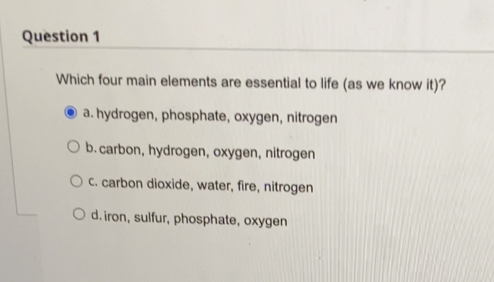 Solved Question 1 Which four main elements are essential to | Chegg.com