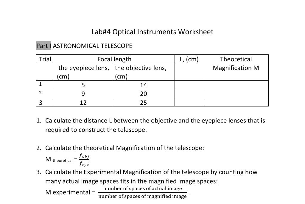 Solved Lab#4 Optical Instruments Worksheet Part I | Chegg.com