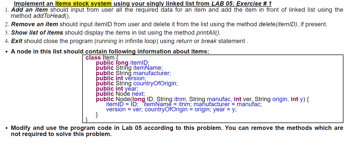 Solved Implement an items stock system using.your singly | Chegg.com
