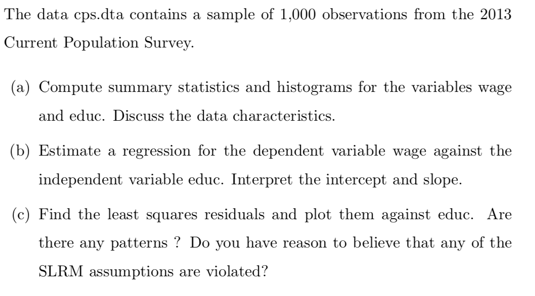 The data cps.dta contains a sample of 1,000 | Chegg.com